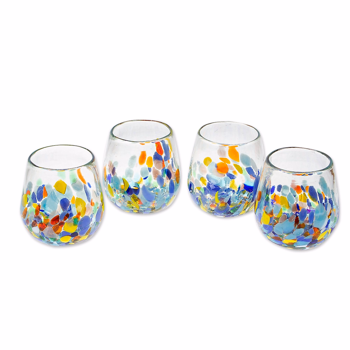 NOVICA Artisan Handblown Recycled Ecofriendly Stemless Wine Glasses Vibrant from Mexico Multicolor Clear Tableware Drinkware 'Confetti Gala' (Set of 4)