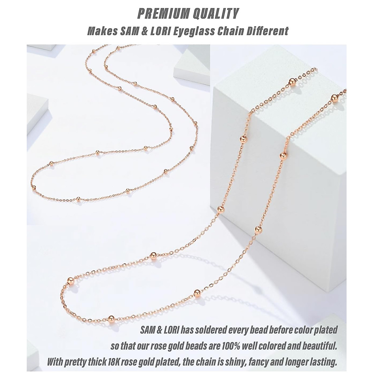 SAM & LORI Eyeglass Chain Women Glasses Strap Holder Necklace Reading Stylish Cord Sunglass Mask Lanyard Around Neck Rose Gold Jewelry Accessory Kawaii Beaded Eyewear Cute String Fashion Pearl Vintage