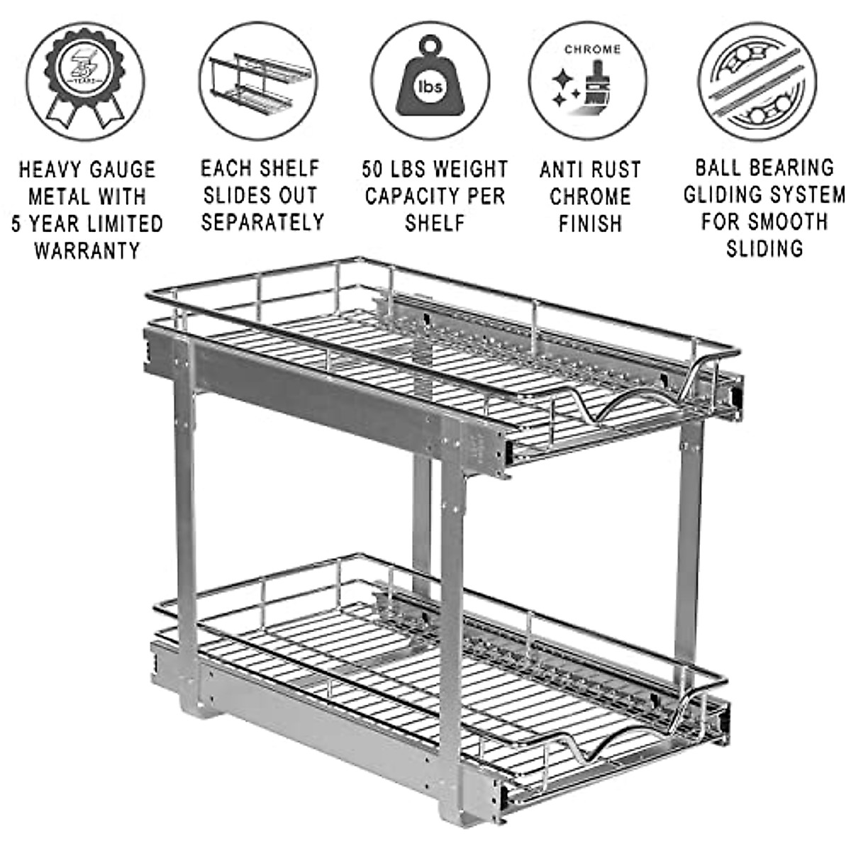 Hold N’ Storage 2 Tier Pull Out Cabinet Organizer – Heavy Duty Metal with 5 Year Limited Warranty -12.5"W x 21"D x 16-1/2"H