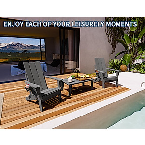 Folding Adirondack Chair with Cup Holder, Poly Lumber Patio Chairs, Wood Texture, Pre-Assembled Weather Resistant Outdoor Chairs for Pool, Deck, Backyard, Garden, Fire Pit Seating, Slate Gray