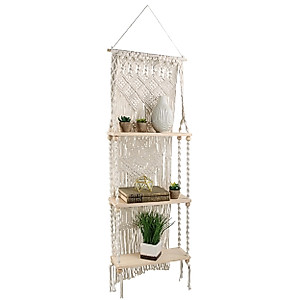 Creekview Home Emporium Hanging Plant Shelf Indoor Boho Decor - 3 Tier Macrame Shelf Wall Hanging Decor - Rope Boho Wall Art Wooden Floating Bookshelf for Kitchen, Bathroom or Bedroom