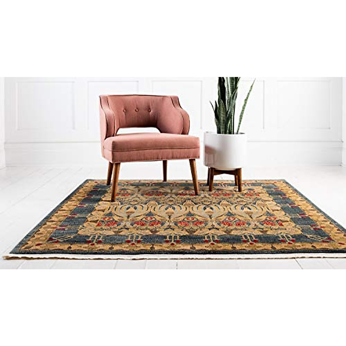 Unique Loom Edinburgh Collection Classic Oriental Traditional French Country Inspired Border Design Area Rug, 8' 0" x 8' 0", Blue/Beige