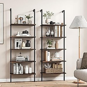 Tangkula 5-Tier Bookshelf, Modern Wall Mounted Ladder Shelf, 5 Tiers Wood Wall Open Bookcase with Metal Frame, Home Office Display Rack Storage Shelves for Collection, Plant Flower Stand (2, Brown)