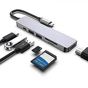 USB C Hub, 6-in-1 Type C Adapter Mini Docking Station with 4K HDMI, 2 USB 3.0 Ports, SD/TF Card Reader, 65W Power Supply Compatible with iPad Pro/MacBook/Type C Devices (USB-C-6 in 1)