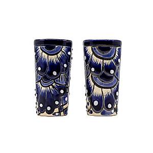 Casa Fiesta Designs Mexican Shot Glasses, Hand-painted Ceramic Tequila Shot Glass Made in Mexico - Great for Tequila, Mezcal and Sangrita, 2 oz - Blue and White - Tequilero Azul y Blanco (Pack of 4)