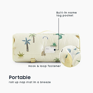 Wake In Cloud - Dinosaur Nap Mat with Removable Pillow for Kids Toddler Boys Girls Daycare Preschool Kindergarten Sleeping Bag, Dinosaur Volcano Printed on Beige, 100% Soft Microfiber