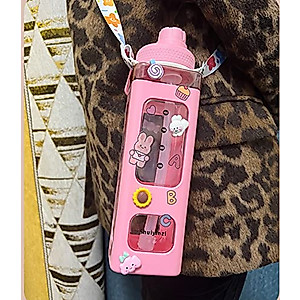 WANGZMTOU Kawaii Bear Pastel Water Bottle With 3D Sticker 700ml Plastic Travel Tea Juice Milk Portable Cute Shaker Drink Bottle Gift (Pink)