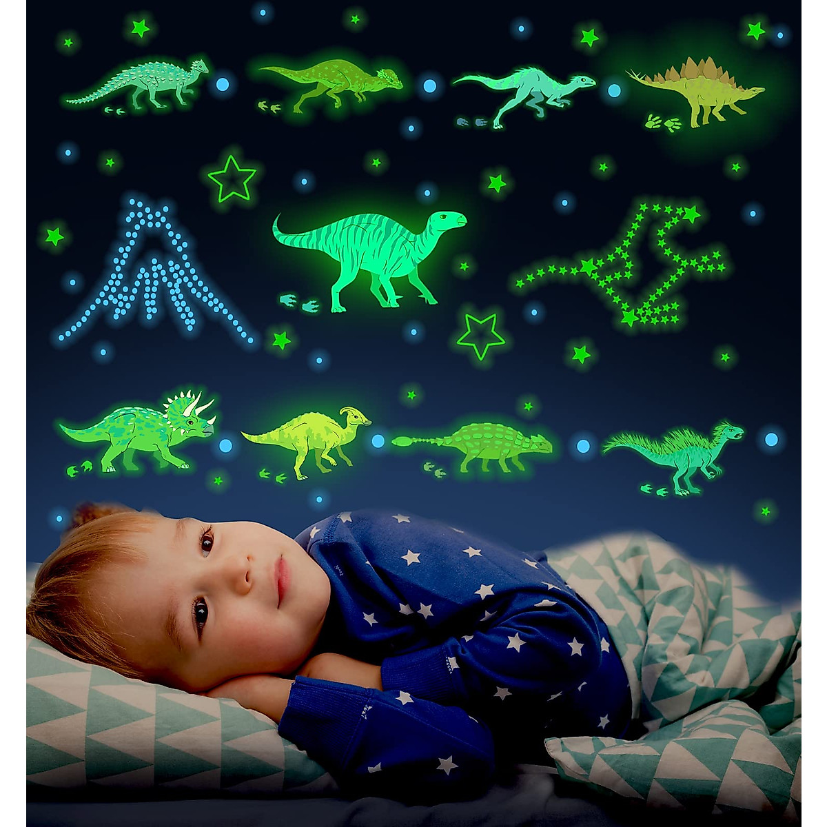 Glow in The Dark Dinosaur Wall Decals - 652Pcs Dinosaur Wall Stickers for Boys Room,Kids Wall Decor Stars for Baby Nursery Boys Bedroom Ceiling (Green Dinosaur)