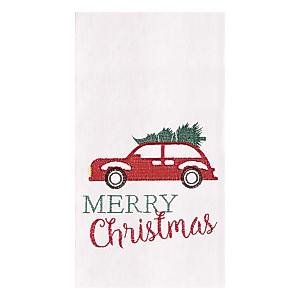 Red Holiday Car Hauling Tree Flour Sack Christmas Kitchen Dish Towel
