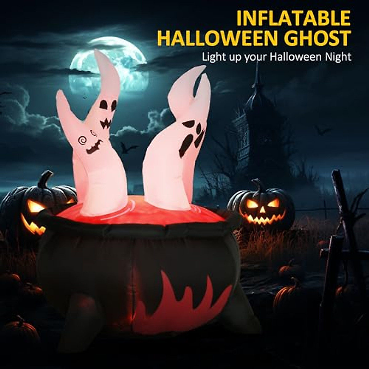 Outsunny 4ft Halloween Inflatables Outdoor Decrations White Ghosts in Red Cauldron, Blow Up LED Yard Decor for Garden, Lawn, Party, Holiday
