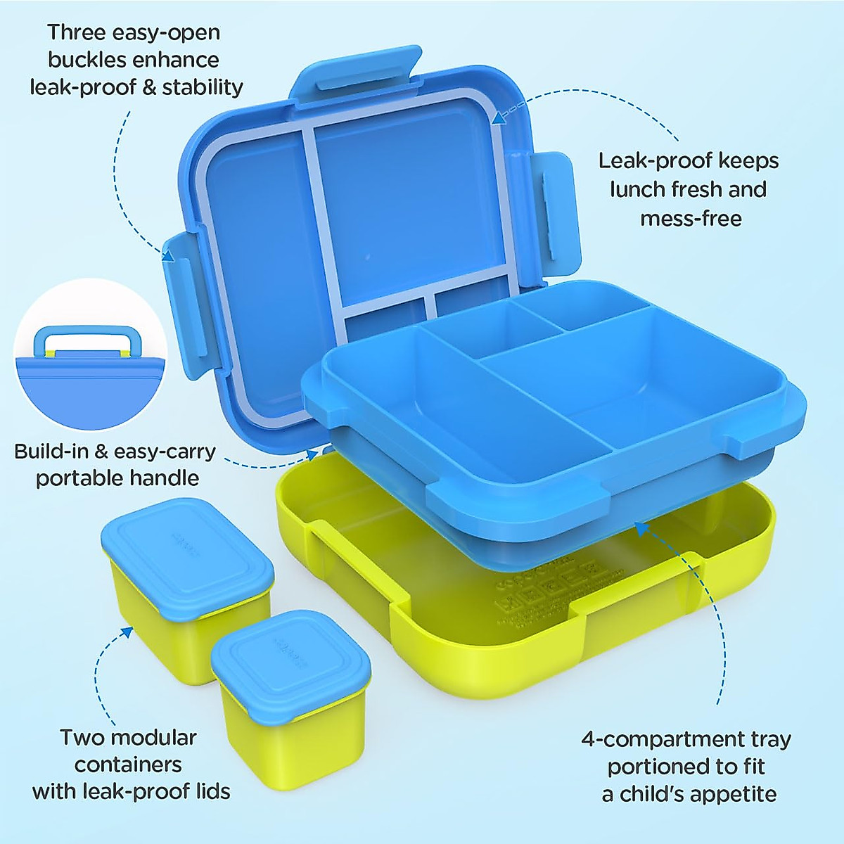 Caperci Bento Lunch Box for Kids - Large 4.8 Cups Lunch Container with 2 Modular Containers - 4 Compartments, Leak-Proof, Portable Handle, Microwave/Dishwasher Safe (Blue/Juicy Pear)