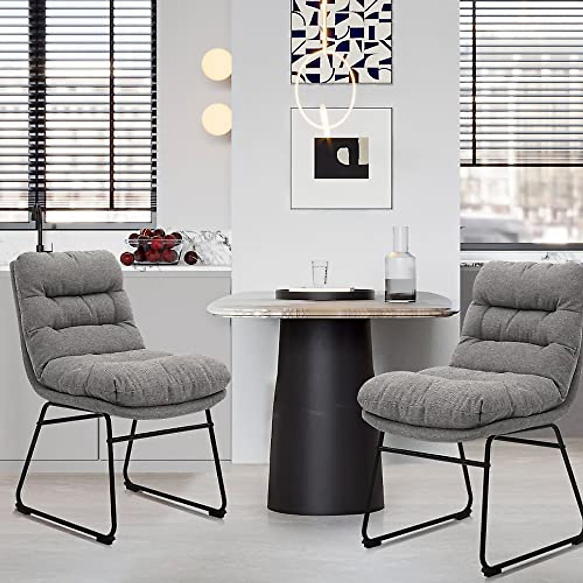 CangLong Modern Accent Kitchen Chairs with Fabric Soft Padded Back in Checkered Pattern and Chrome Legs, Set of 2,Grey