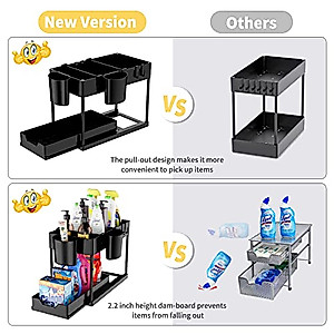 Under Sink Organizers 2 Pack, 2 Tier Sliding Under Bathroom Cabinet Storage Drawer Organizer with Hooks, Hanging Cup, Dividers for Bathroom, Kitchen Multi-Purpose, Under Sink Organizers and Storage