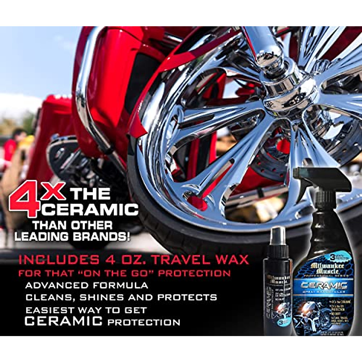 MILWAUKEE MUSCLE Ceramic Motorcycle Bike Wax Spray - 22 Fl Oz & 4 Fl Oz Travel Wax - 4X The Ceramic Coating - Detail Spray Wax - Advanced Hydrophobic Spray for Shine and Protection