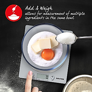 Salter Digital Kitchen Weighing Scales - Slim Design Electronic Cooking Appliance for Home/Kitchen, Weigh Food up to 5kg Aquatronic for Liquids ml and fl. Oz. 15Yr Guarantee - Silver