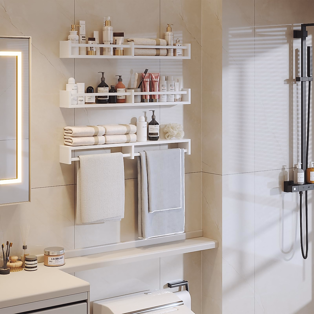 White Nursery Bookshelves,32Inch, Floating Nursery Shelves - Set of 3 - Book Shelf Organizer for Baby Nursery Room Decor, Wall Shelves for Kitchen Spice Rack, Pine