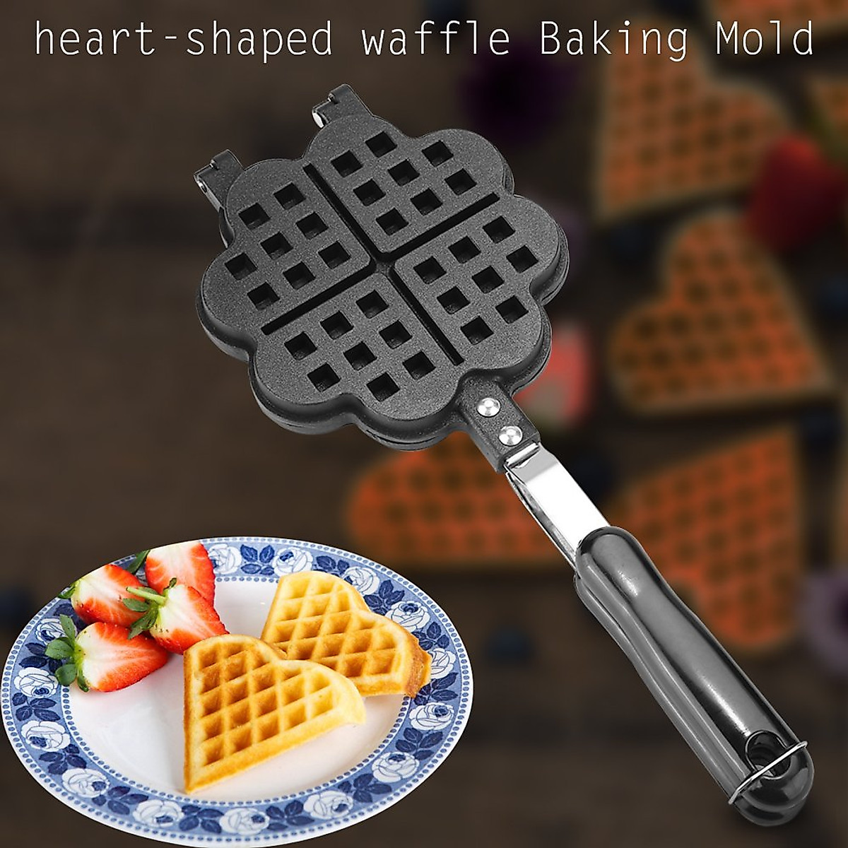 Heart Shape Cast Iron Waffle Maker, Non-stick Double Side Waffle Cake Mold Pot for Household Cafe Restaurant