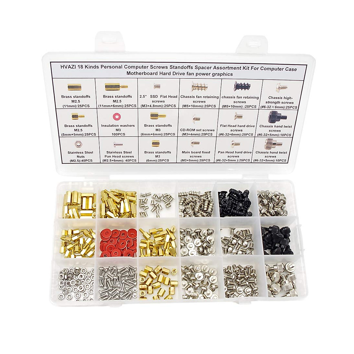 HVAZI 18 Kinds Personal Computer Screws Standoffs Spacer Assortment Kit for Computer Case Motherboard Hard Drive Fan Power Graphics