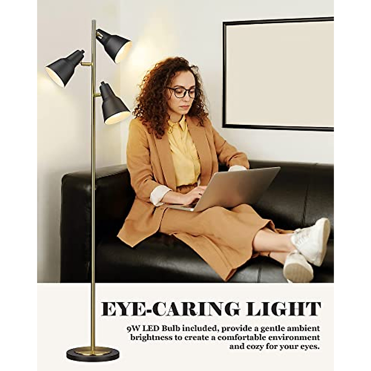 ELYONA Gold Tree Floor Lamp with 3 Adjustable Rotating Lights, Industrial Tall Pole Metal Standing Lights with 3 LED Bulbs for Living Room,Bedroom,Farmhouse,Office,Hotel, Vintage Brushed Brass & Black