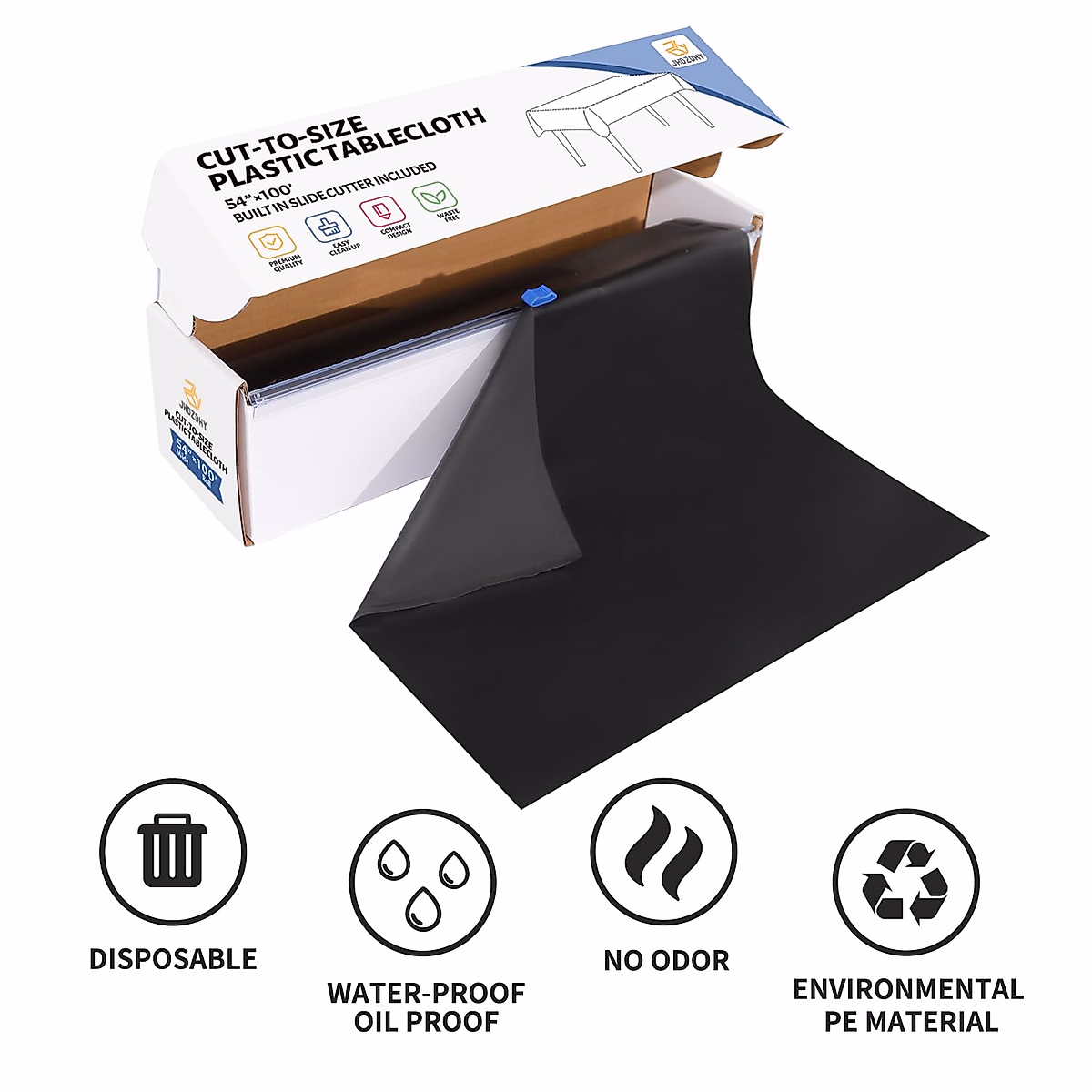 JHDZDHY 54 Inch X 100 Feet Plastic Table Cover Roll Disposable Tablecloth with Slide Cutter for All Type/Shape Tables | Picnic, Party, Banquet, Birthdays, Weddings (Black)