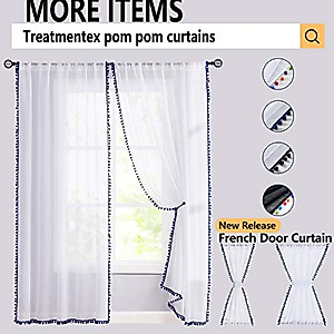 Treatmentex Pom Pom Linen Sheer Curtains for Living Room 63 inches Length Slub Textured Natural Farmhouse Window Sheers Drapes 52" w x 2 Pack, Rod Pocket