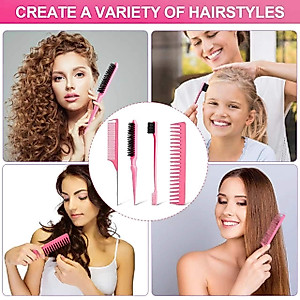 Anmieciu Hair Comb Set, 4Pcs Bristle Hair Edge Brush, Teasing Brush Comb, Rat Tail Comb and Wide Tooth Comb for Women Girls Men Combing, Smoothing and Styling Hair (Pink)
