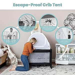 Pro Baby Safety Premium Pack n Play Tent, Mini Crib Tent to Keep Baby from Climbing Out, Auto Pop Up Pack and Play Tent with Auto-Lock Zippers, Thick Velvety Breathable Mesh (Gray Chevron)