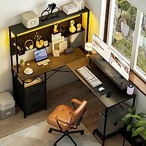 Yoobure L Shaped Desk with Pegboard, Reversible Gaming Desk with LED Lights & Power Outlets, Computer Desk with Drawers & Storage Shelves, Office Desk with Monitor Stand Corner Desk Home Office Desks