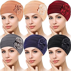 6 PCS Women Turban Flower Caps,Head Wrap Beanie Cap,Vintage Headwrap Hats,Elastic Headwear Headscarf,Fashion Slouchy Hat