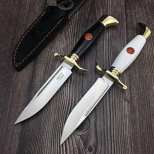 HUAAO 10.2in Fixed Blade Hunting Knife with Sheath, Bowie Knife Full Tang, 440C Blade Acrylic Handle, Survival Camping Knife for Outdoor Bushcraft (black handle)