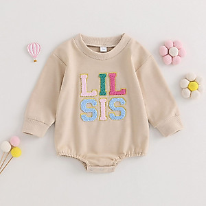 YINGISFITM Newborn Baby Girl Clothes Crewneck Sweatshirt Romper Sisters Sweater Shirts Onesie Fall Winter Cute Outfits (LIL SIS Begie, 0-3 Months)