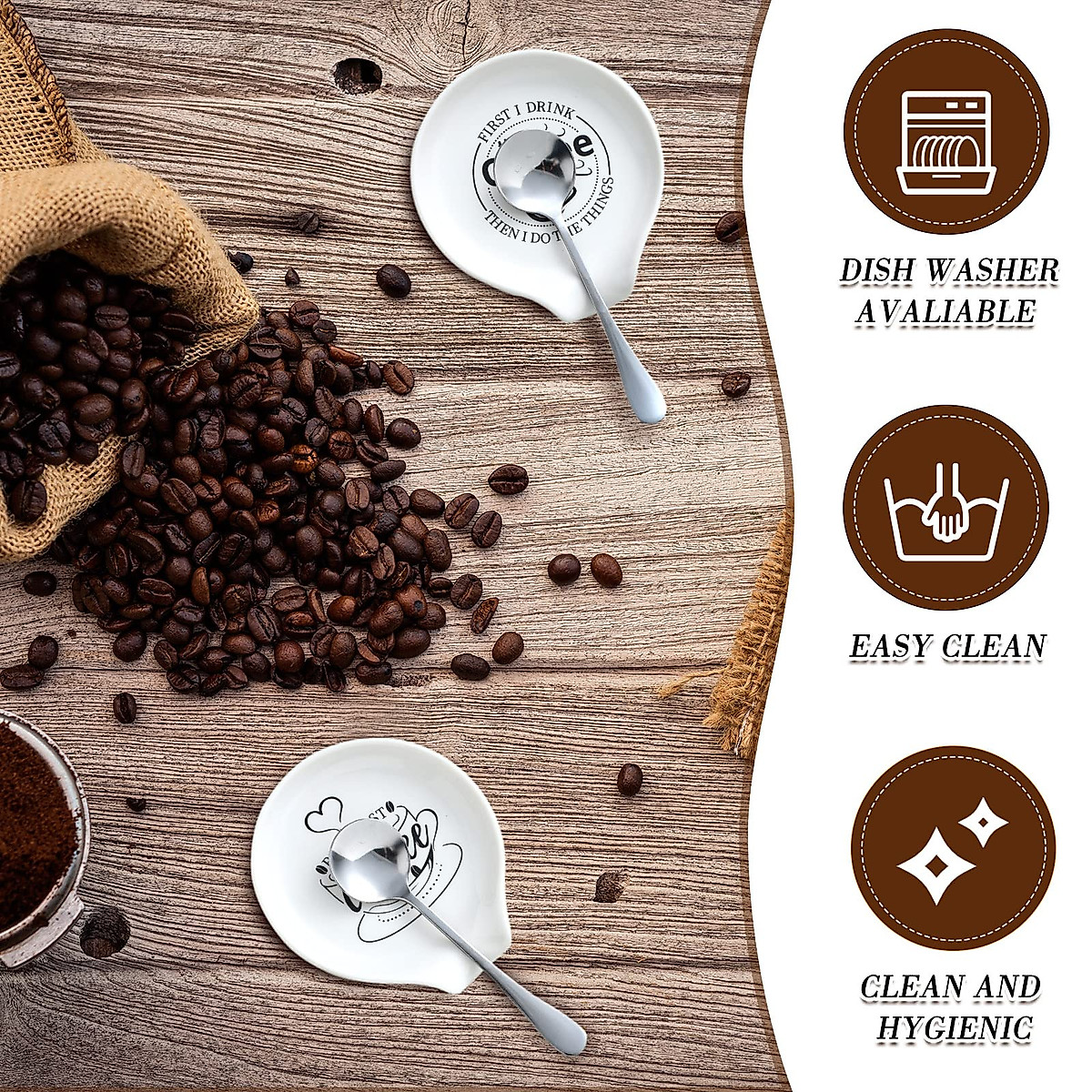 Gandeer 4 Pieces Coffee Spoon Rest and Spoon Funny Coffee Quote Ceramic Coffee Spoon Holder Rests for Coffee Station Decor Stove Top Countertop Kitchen Accessories Nice Present for Coffee Lovers