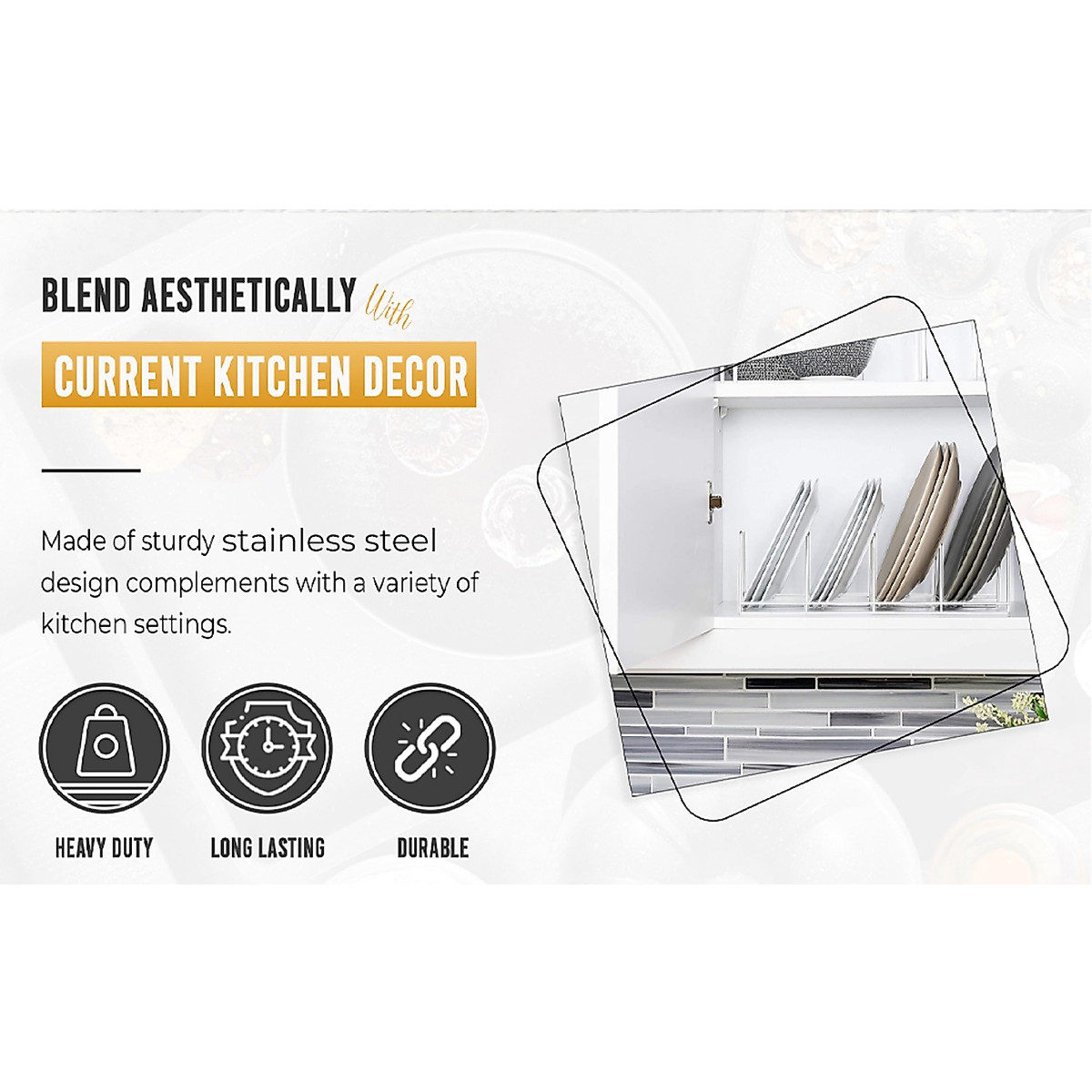 YBM Home Wire Dish Storage Rack for Plates, Cutting Boards, Bakeware, Pots and Pans, Serving Trays, Lids, and Other Cookware, 3 Section Plate Holder for Cabinets and Cupboards, Silver 2552