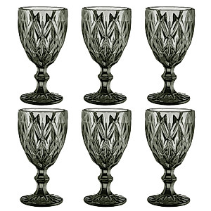 Qulable Wine Glasses Set of 6 | Vintage Red Wine Goblets Glassware Sets, Crystal Colored Drinking Glasses, Embossed Diamond Stemmed Goblet Set for Wedding Party Restaurant, Dishwasher Safe (8oz Gray)