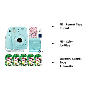 Fujifilm Instax Mini 9 Instant Camera Ice Blue with Custom Case + Fuji Instax Film Value Pack (50 Sheets) Flamingo Designer Photo Album for Photos