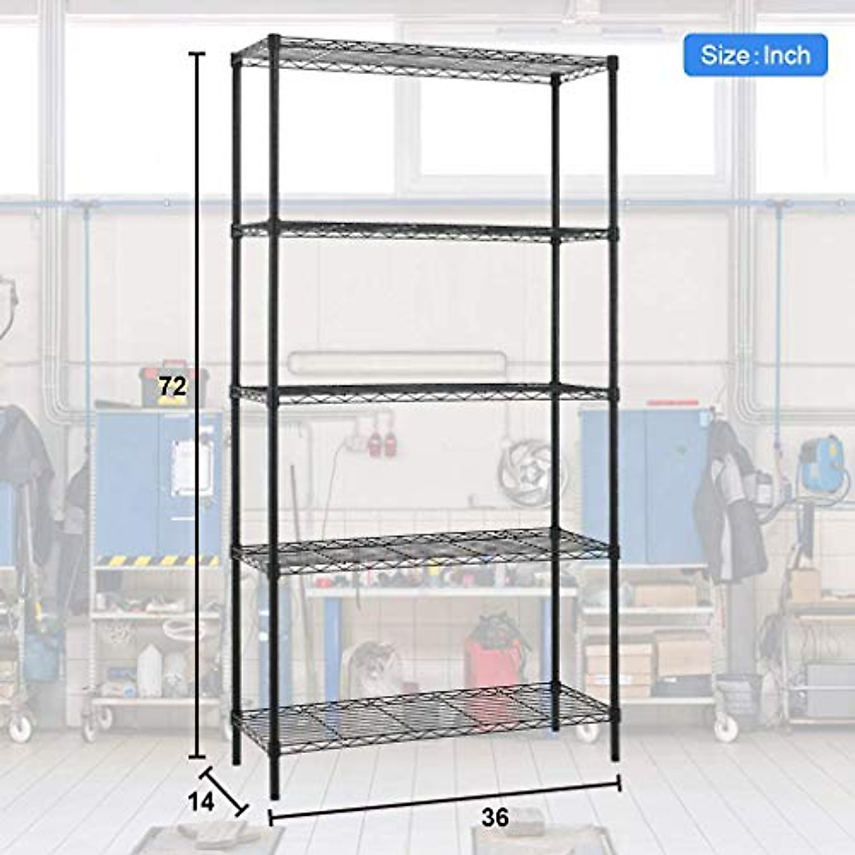 Metal Storage Shelves 5 Tier Wire Shelving Unit,Heavy Duty 5 Shelf Storage Rack,Adjustable NSF Utility Rack Shelf,Steel Organizer for Kitchen Garage Living Room Restaurant,36"L x 14"W x 72"H,Black