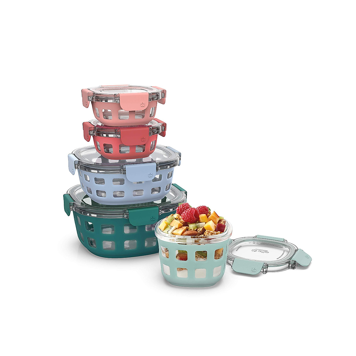 Ello Duraglass Mixed Meal Prep Set 10Pc, 5 Pack Set- Glass Food Storage Container with Silicone Sleeve and Airtight BPA-Free Plastic Lids, Dishwasher, Microwave, and Freezer Safe, Melon