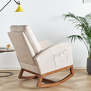 CALABASH Rocking Chair Nursery,Modern Comfy Armchair with Side Pocket,Mid-Century Upholstered Glider Rocker Chairs for Baby/Kids Room and Living Room (New Beige)