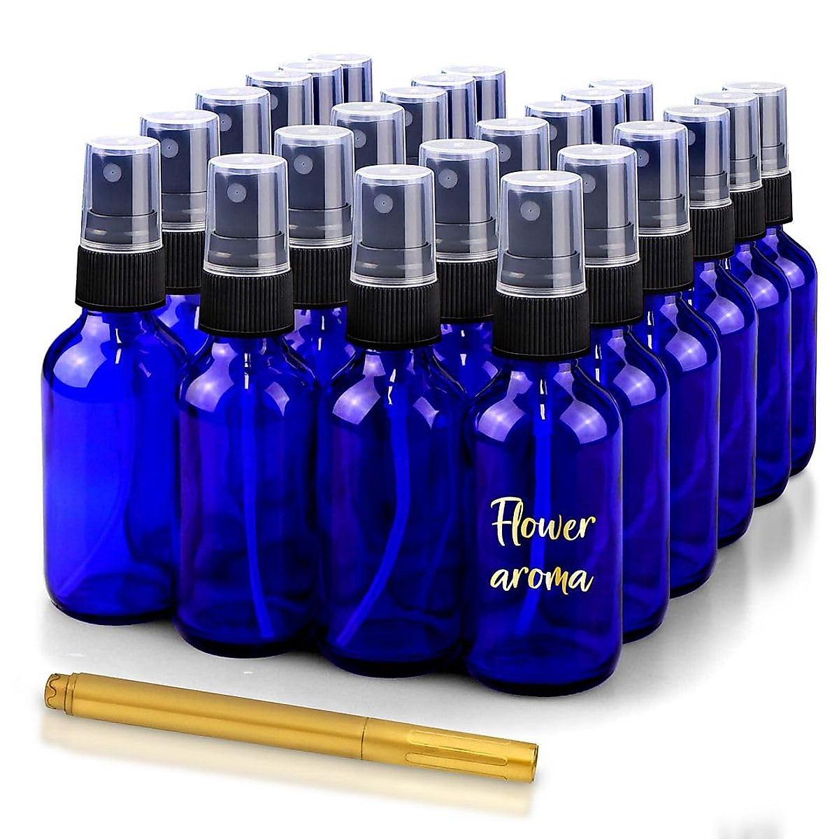 CULINAIRE 2oz Glass Spray Bottles for Essential Oils with Gold Pen Marker, Small Fine Mist Spray Bottle, Refillable, for Hair Spray, Essential Oils, Colognes, and Hand Sanitizers, Blue, Pack of 24