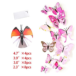 Somotersea 24PCS 3D Butterfly Wall Decal Removable Refrigerator Magnets Stickers Decor for Kids Room Decoration Home and Bedroom Art Mural Pink