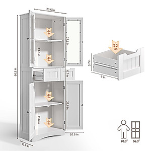Gizoon Tall Kitchen Storage Cabinet with 2 Drawers, Freestanding Pantry Cabinet with Glass Doors, Large Modern Cupboard for Home Kitchen, Bathroom, Living Room, Office, White