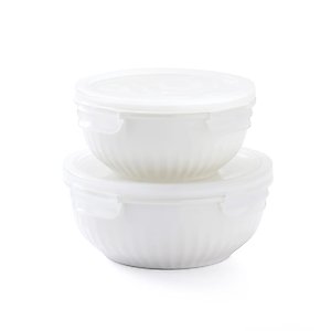 ZEN Pleats Porcelain Serve and Store Airtight Container 14&22oz Bowls Set of 2 (White)