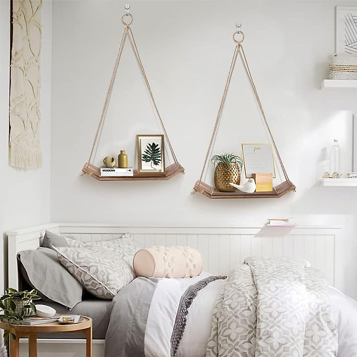 2 PCS Hanging Shelves for Wall, Wood Hanging Shelves for Wall, Cute Boho Room Rope Farmhouse Wooden Floating Small Bookshelves Decoration Wall Display Hanging Shelf for Living Room,Office, Bedroom