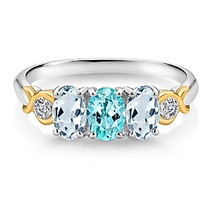 Gem Stone King 1.54 Ct Oval Blue Apatite Sky Blue Aquamarine 925 Silver and 10K Yellow Gold G-H Lab Grown Diamond Women Ring (Size 7)