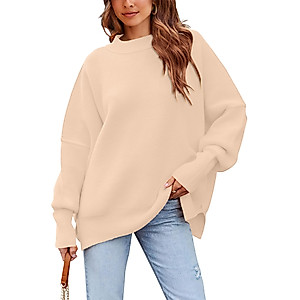 PRETTYGARDEN Women's Oversized Sweater 2024 Casual Fall Crewneck Long Sleeve Loose Side Slit Ribbed Knit Pullover Tops(Solid Beige,Medium)