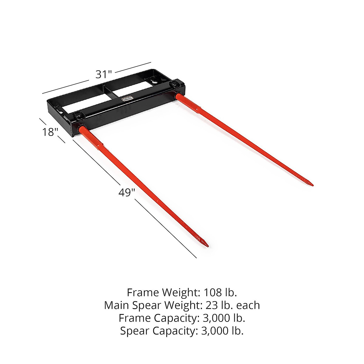 Titan Attachments Dual Prong 49" Hay Bale Spear Attachment, Universal HD Front Skid Steer Tractor Loader Bucket Attachment, 3000 LB Capacity, Conus 2 Tines, Chains and Ratchet Binders Included
