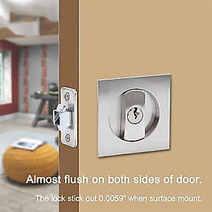 LWZH Brushed Silver Privacy Pocket Door Lock with Keys,Square Sliding Barn Door Lock Latch,Invisible Recessed Door Lock for 1 3/8” to 2 3/16” Thickness Door