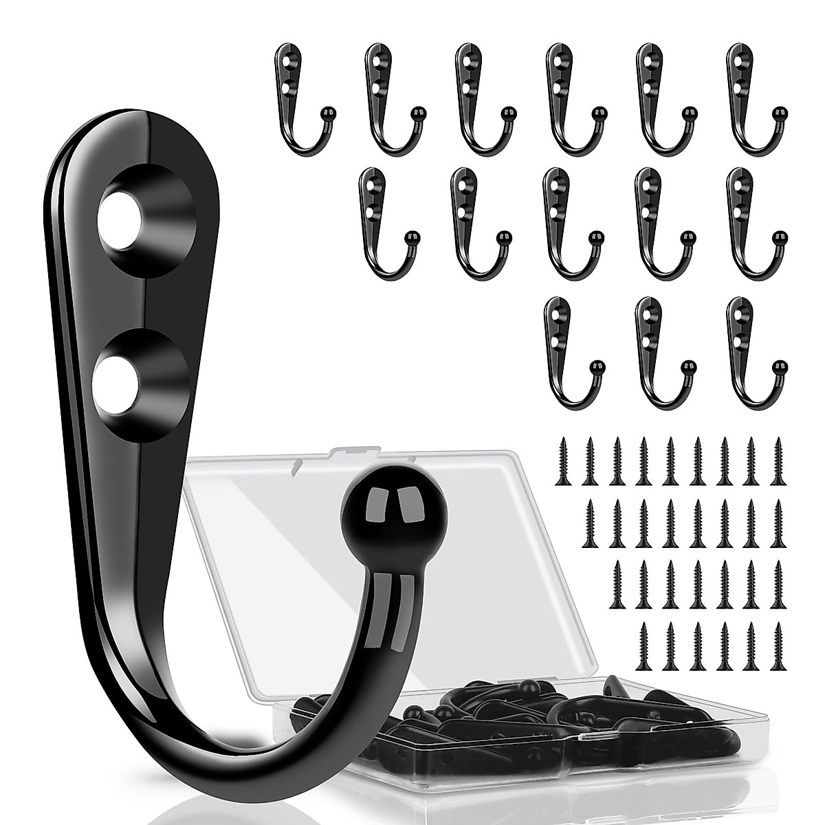 QJUZO Wall Hooks for Hanging, 15pcs Black Wall Mounted Coat Hooks, Metal Wall Hooks for Coats with 30 Pieces Screws for Hanging Hat, Key, Towel, Robe, Coats, Scarf, Bag, Coffee Mugs