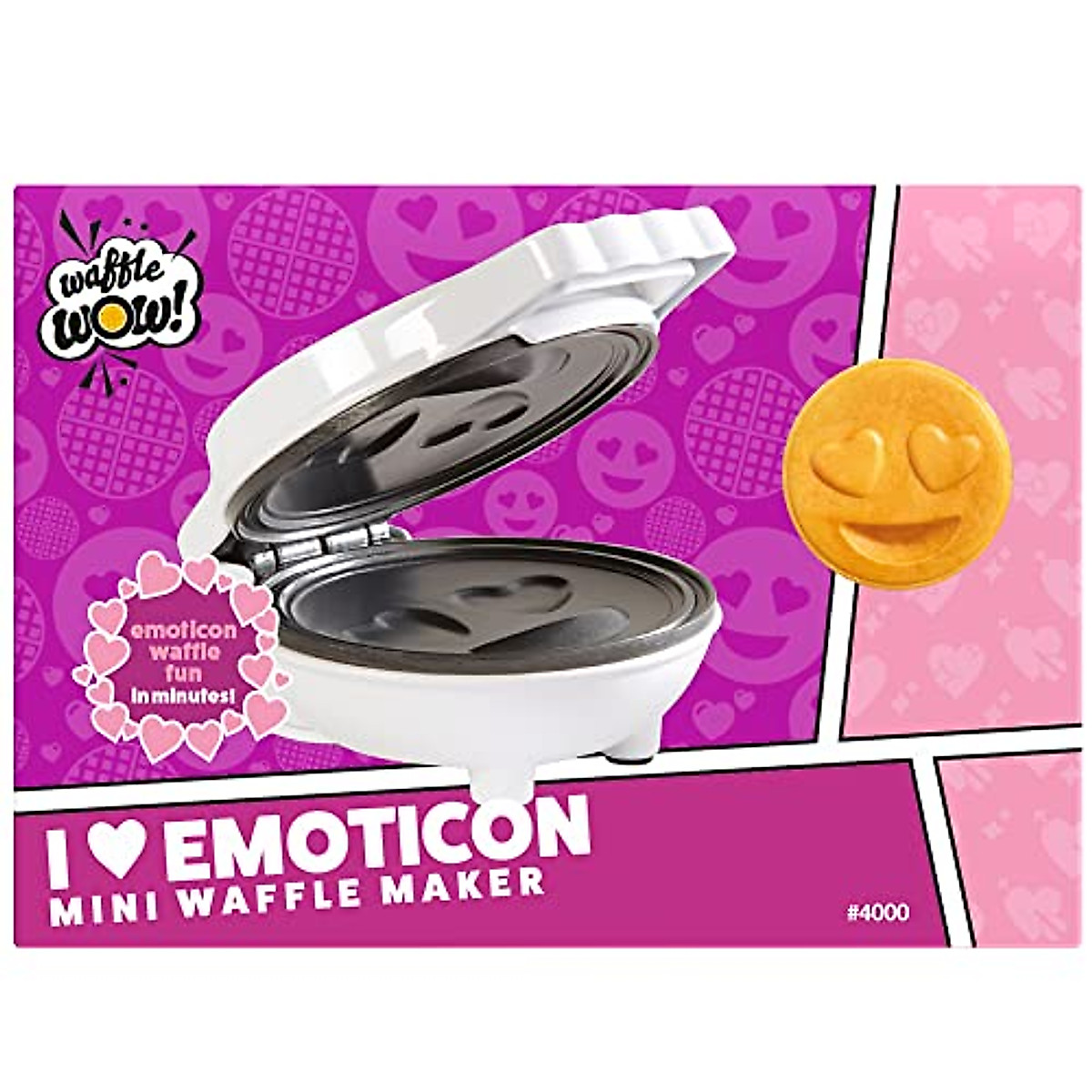 Heart Eyes Emoji Mini Waffle Maker - Make Breakfast Special for Boys & Girls w Cute Personal-Sized 4" Smiley Face Pancakes - Non-Stick, Easy to Clean, Unique Fun Gift or Summer Morning Treat for Kids