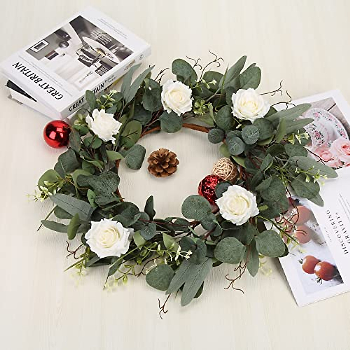 Adeeing Artificial Eucalyptus Wreath for Front Door 20 Inch Green Leaves Welcome Wreath with Wood Sign Rose Flower Farmhouse Wreath for Window Wall Party Home Decoration